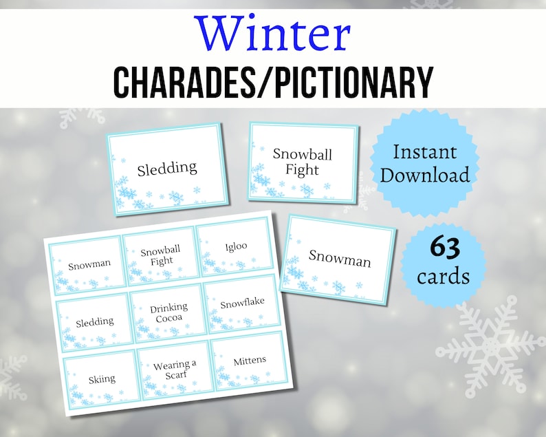 Winter Charades Cards, Printable Pictionary Game, Snow Day Activity for ...