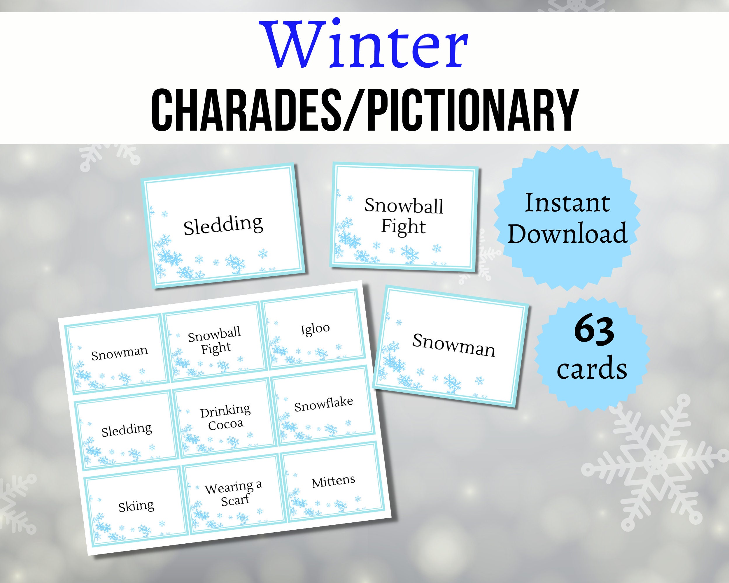 Winter Charades Cards, Winter Pictionary Game, Printable Winter Party ...