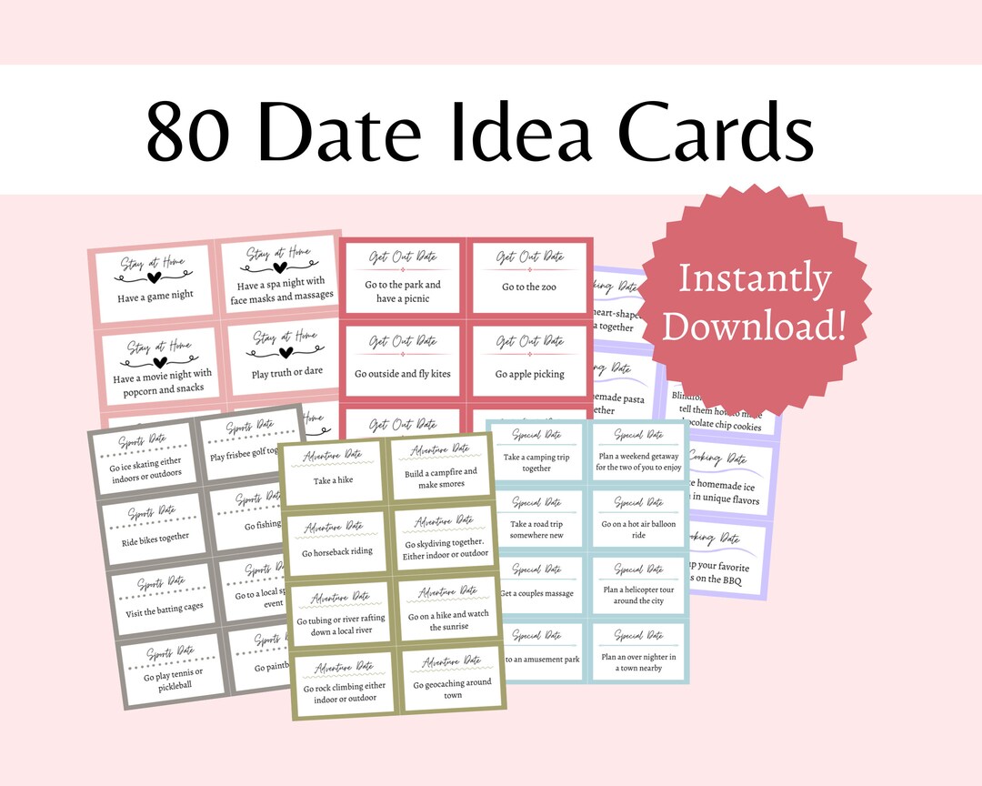 Date Ideas Cards, Printable Couples Date Night Jar Activities ...