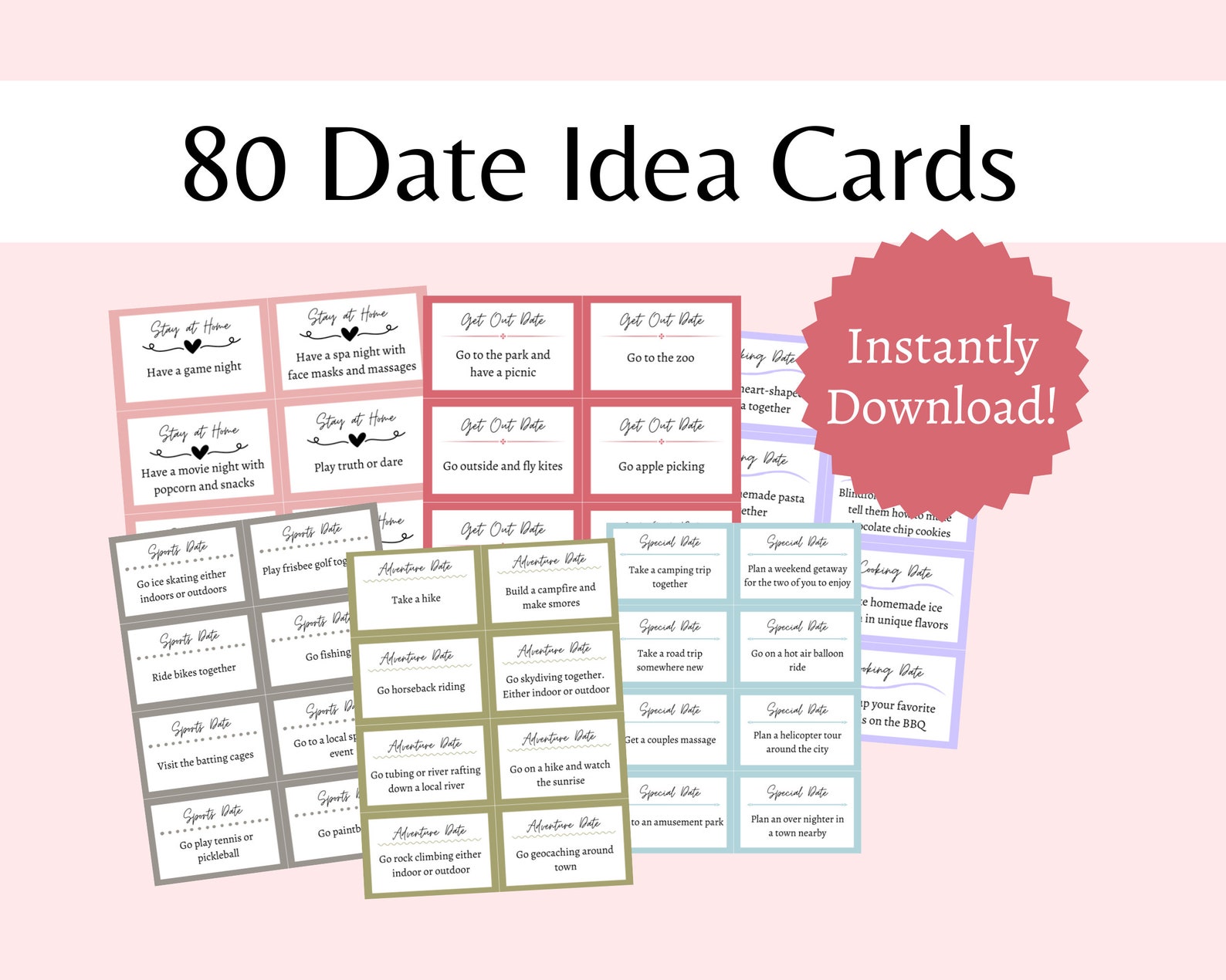Date Ideas Cards, Printable Couples Date Night Jar Activities ...