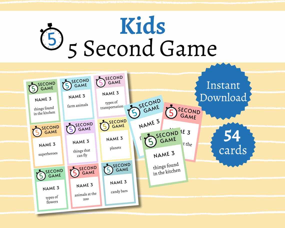 Kids 5 Second Game, Printable Think Fast Party Game for Children ...