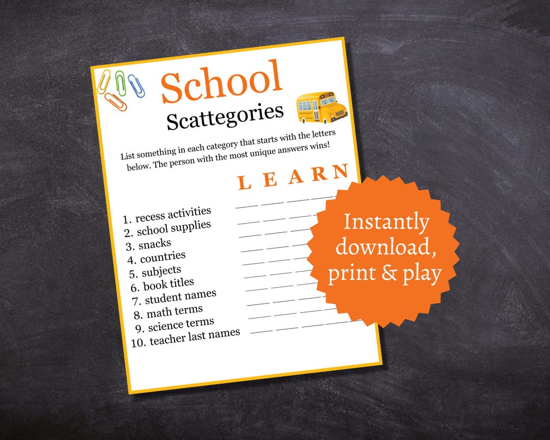 School Scattergories Game, Printable Classroom Activity, Back to School ...