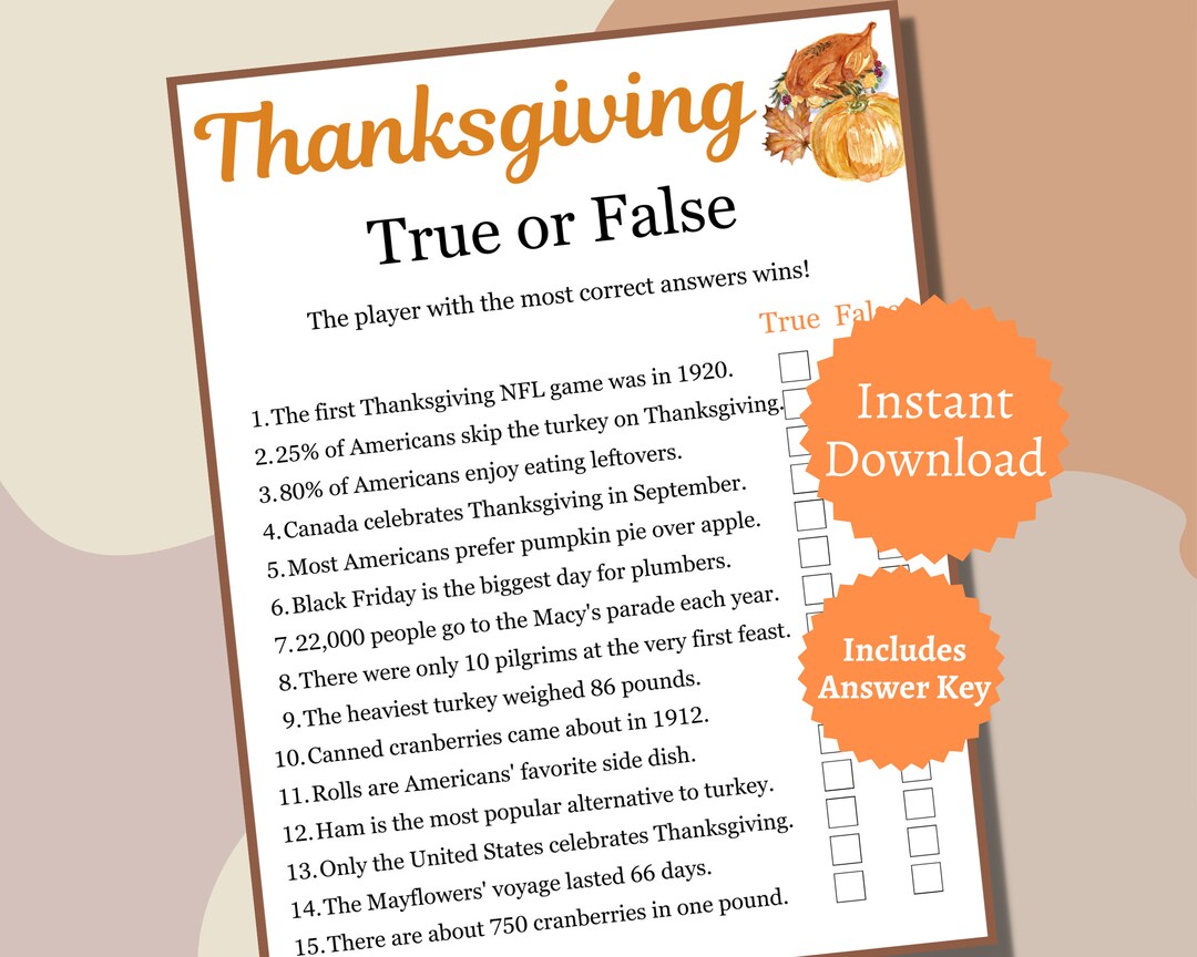 Thanksgiving True or False Game, Family Party Activity, Fall Fact or ...