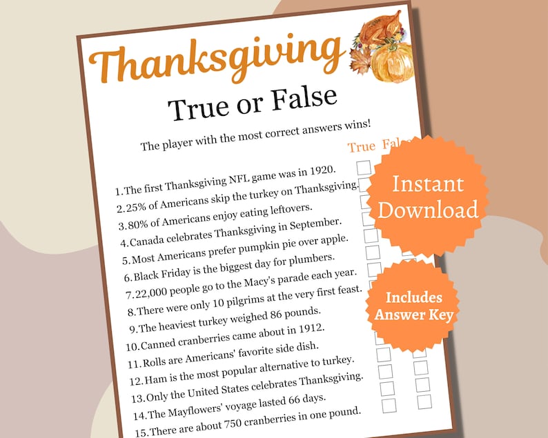 Thanksgiving True or False Game, Family Party Activity, Fall Fact or ...