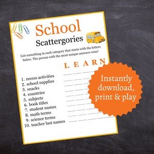 School Scattergories Game, Printable Classroom Activity, Back to School ...