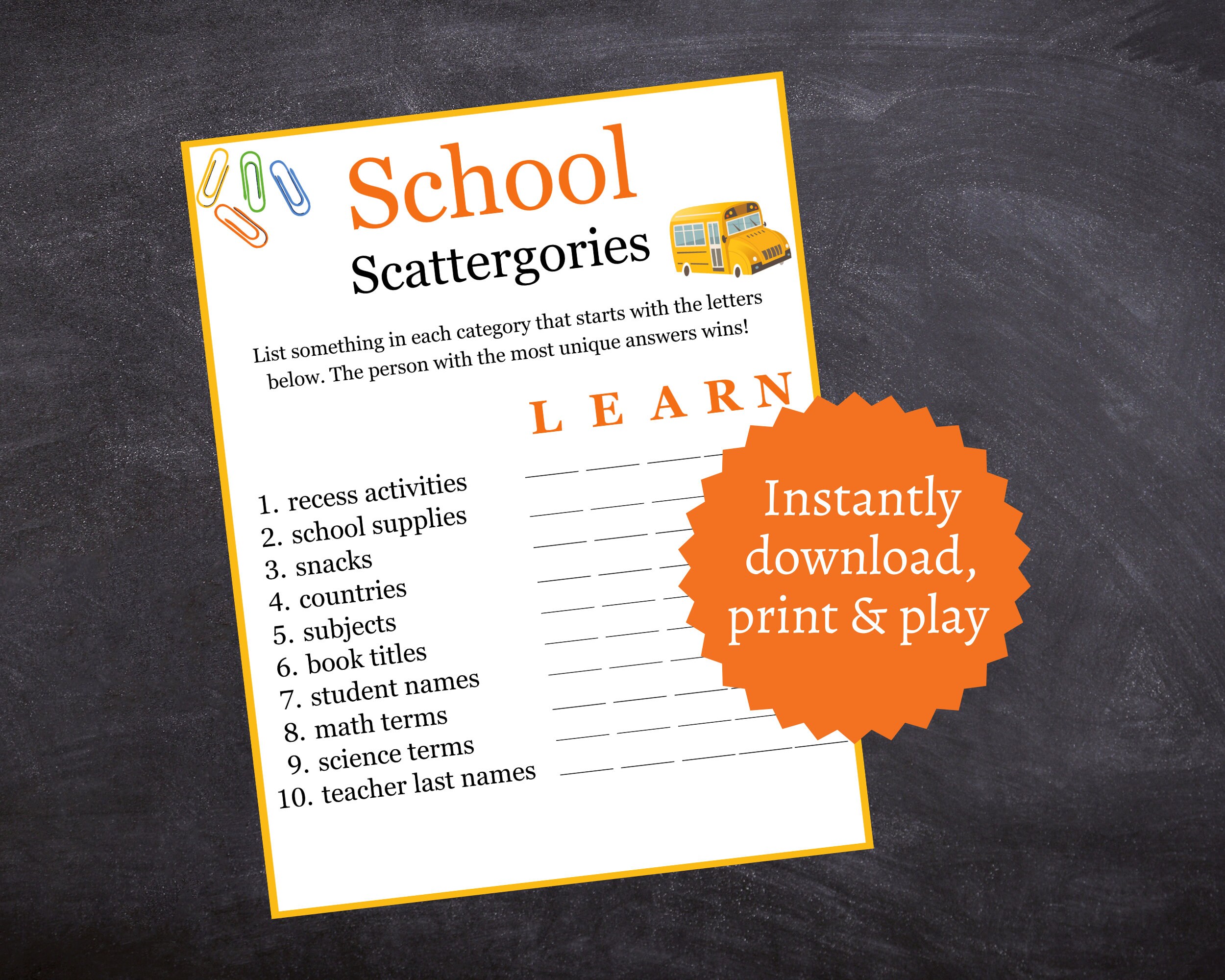 School Scattergories Game, Printable Classroom Activity, Back to School ...