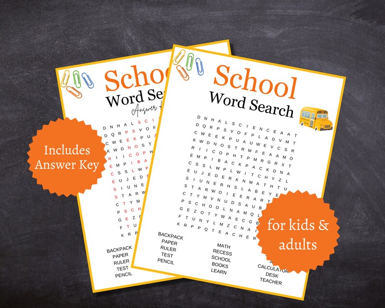 School Word Search, Back to School Party Game, Classroom Activity for ...