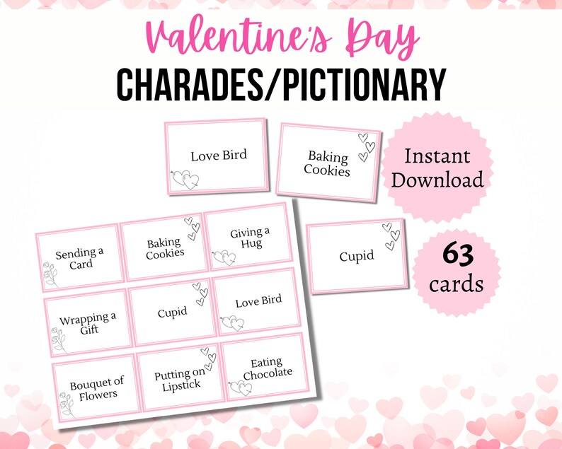Valentine's Day Pictionary Cards, Printable Valentine's Charades ...