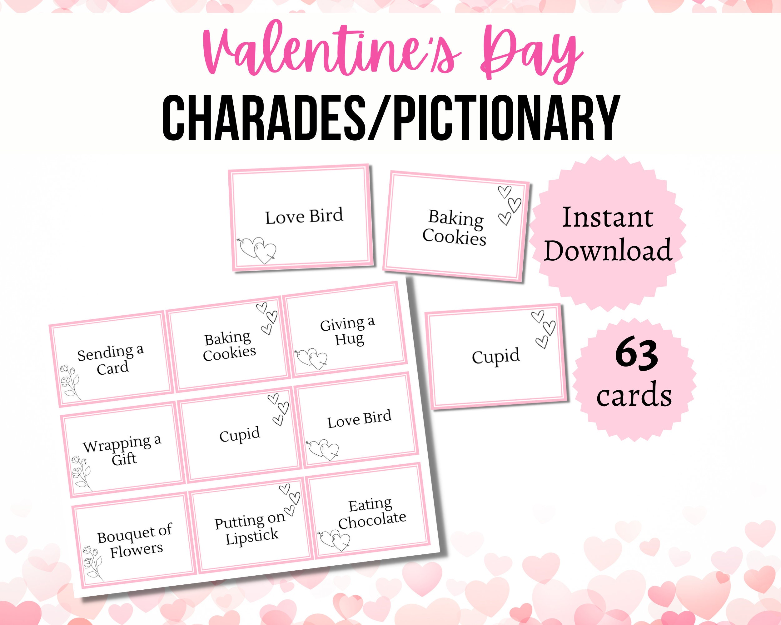 Valentine's Day Pictionary Cards, Printable Valentine's Charades ...