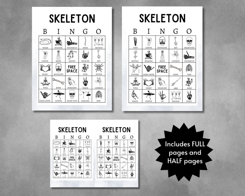 Skeleton Bingo Cards, Halloween Party Game for Kids, Teens, and Adults ...