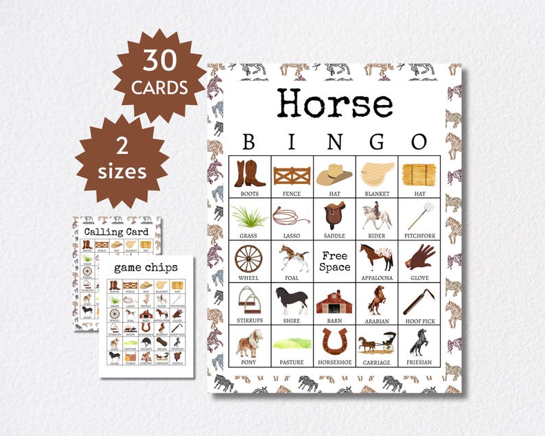 Horse Bingo Cards, Printable Wild West Party Game, Includes Full and ...