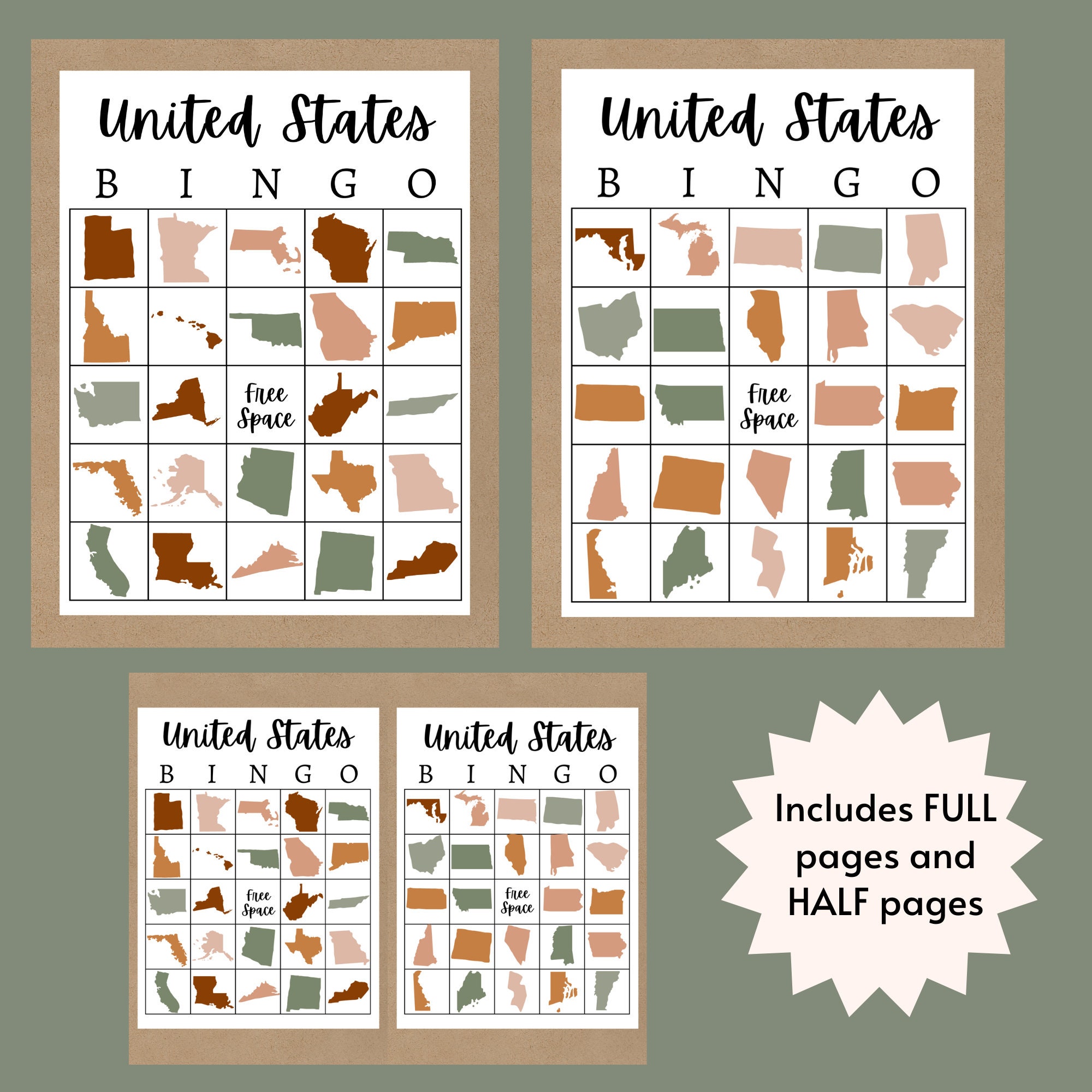 United States Bingo Cards, Printable States Learning Game for Kids ...