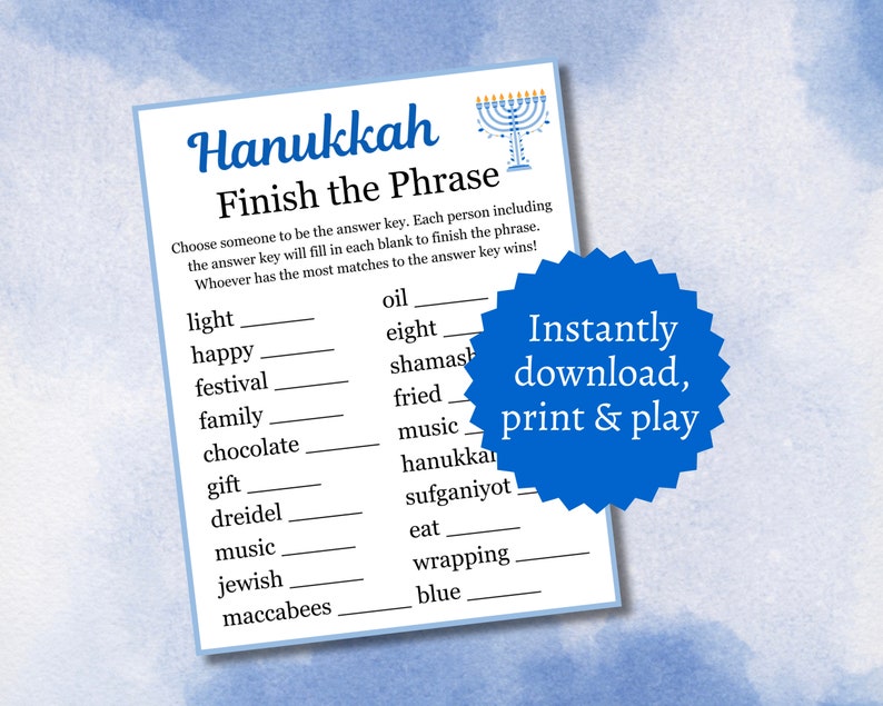 Hanukkah Finish the Phrase Game, Printable Hanukkah Party Game for Kids ...
