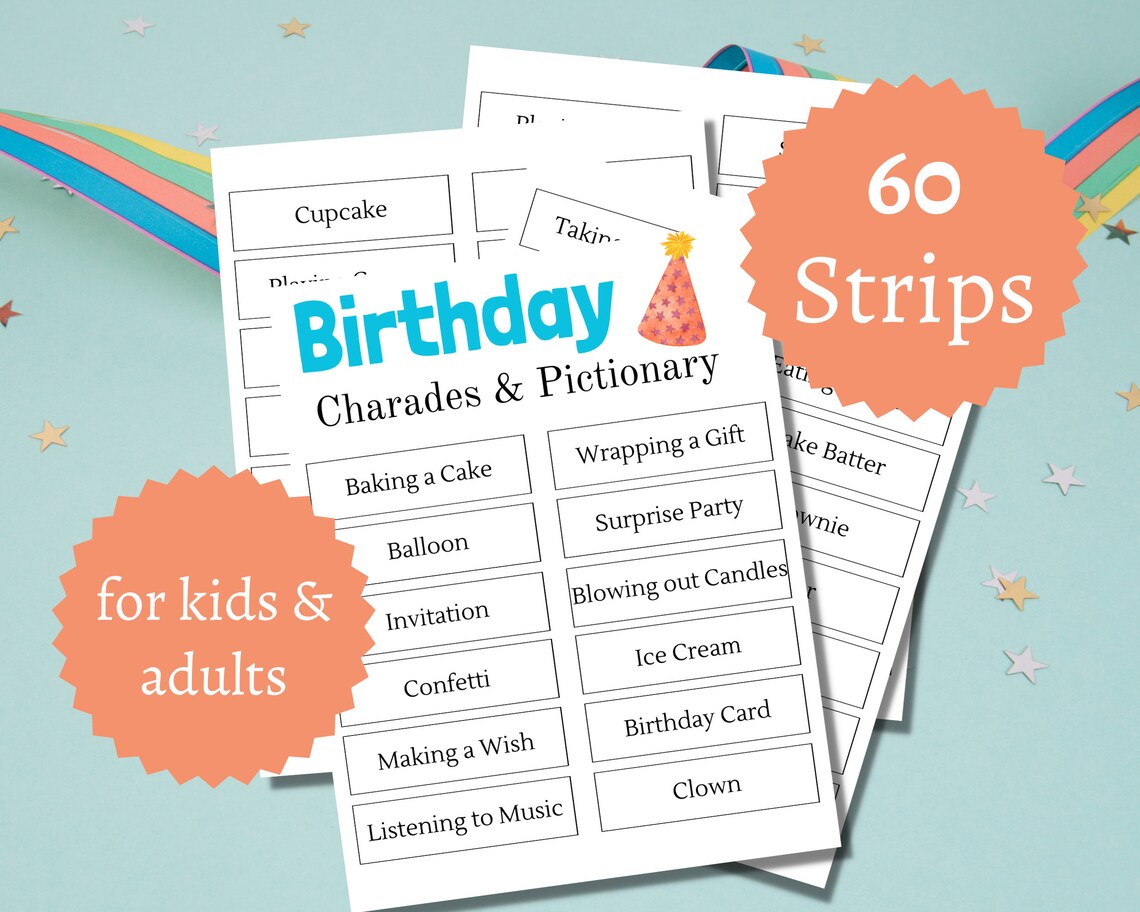 Birthday Charades Game, Printable Birthday Party Pictionary Cards ...
