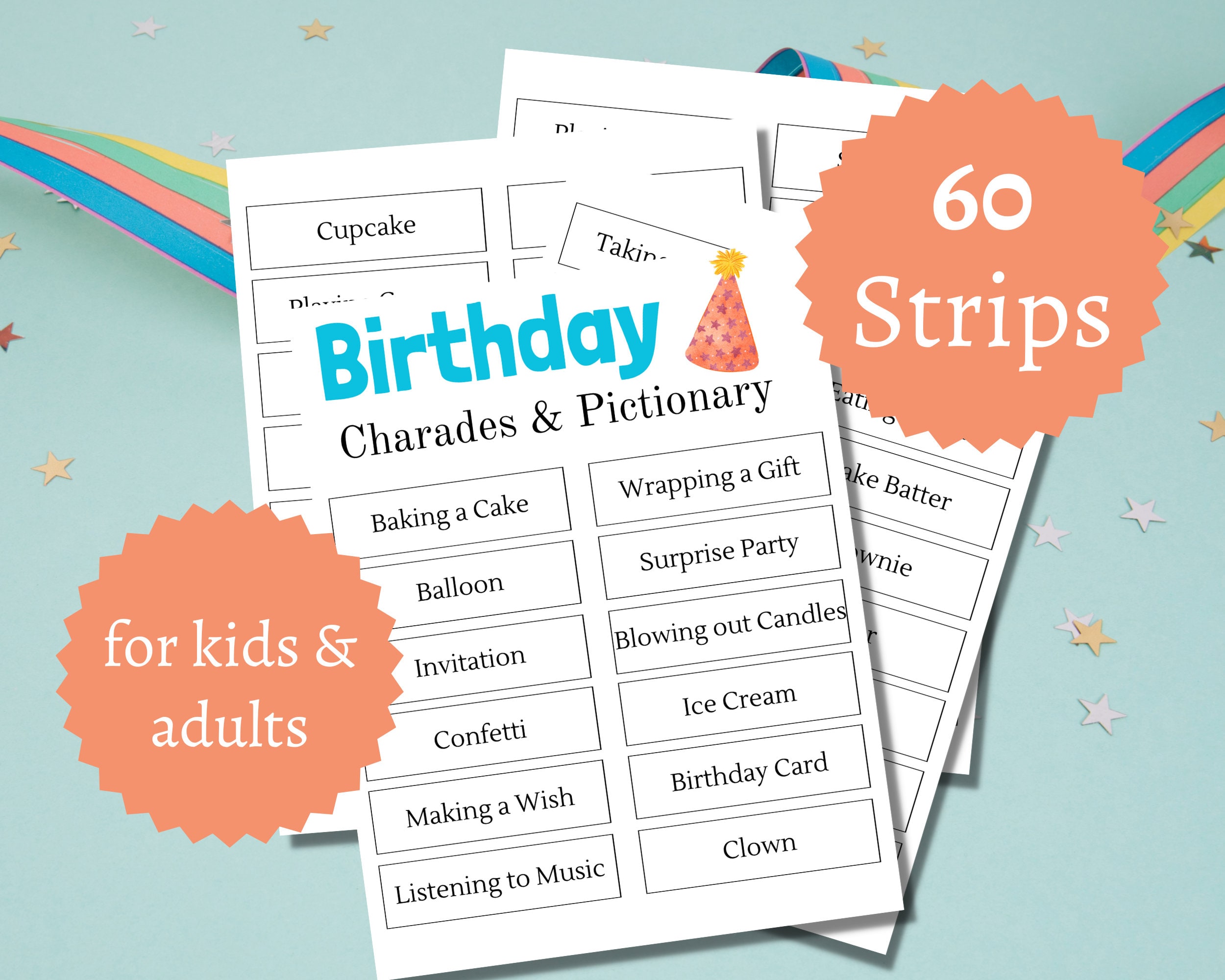 Birthday Charades Game, Printable Birthday Party Pictionary Cards ...