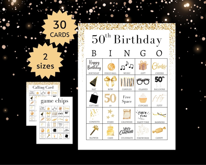 50th Birthday Bingo Cards, Printable 50th Birthday Party Game for Groups, Black and Gold Themed ...