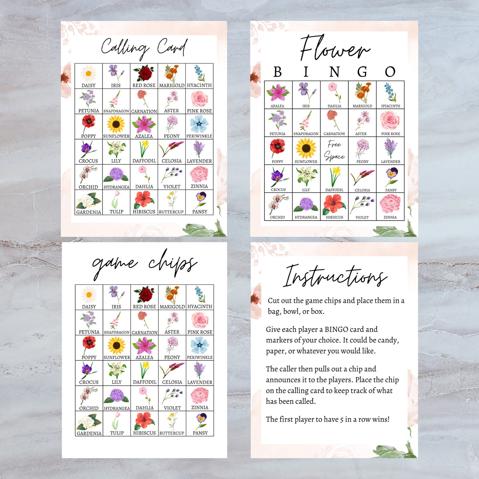 Flower Bingo Cards, Floral Party Game for Kids, Teens, and Adults ...