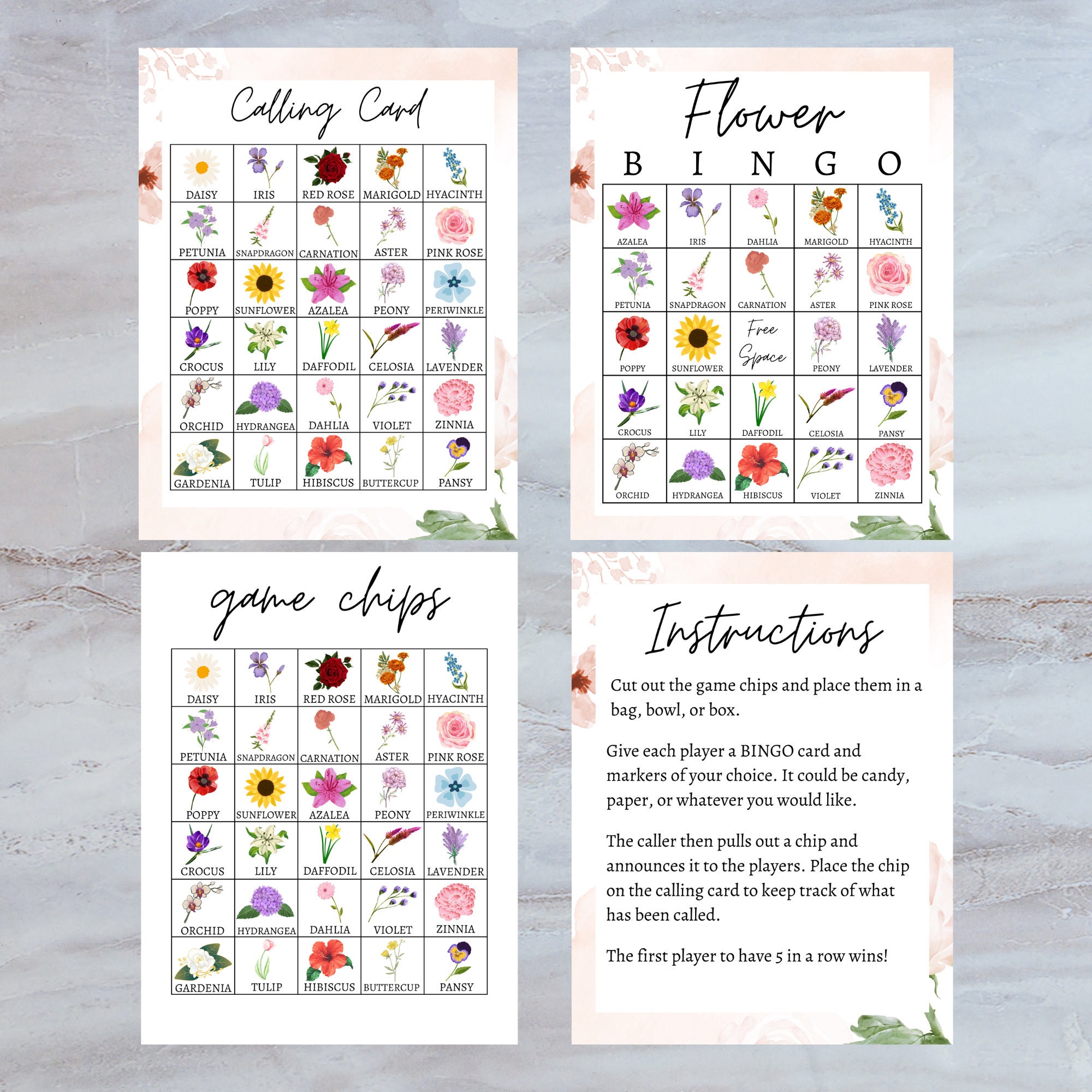 Flower Bingo Cards, Floral Party Game for Kids, Teens, and Adults ...