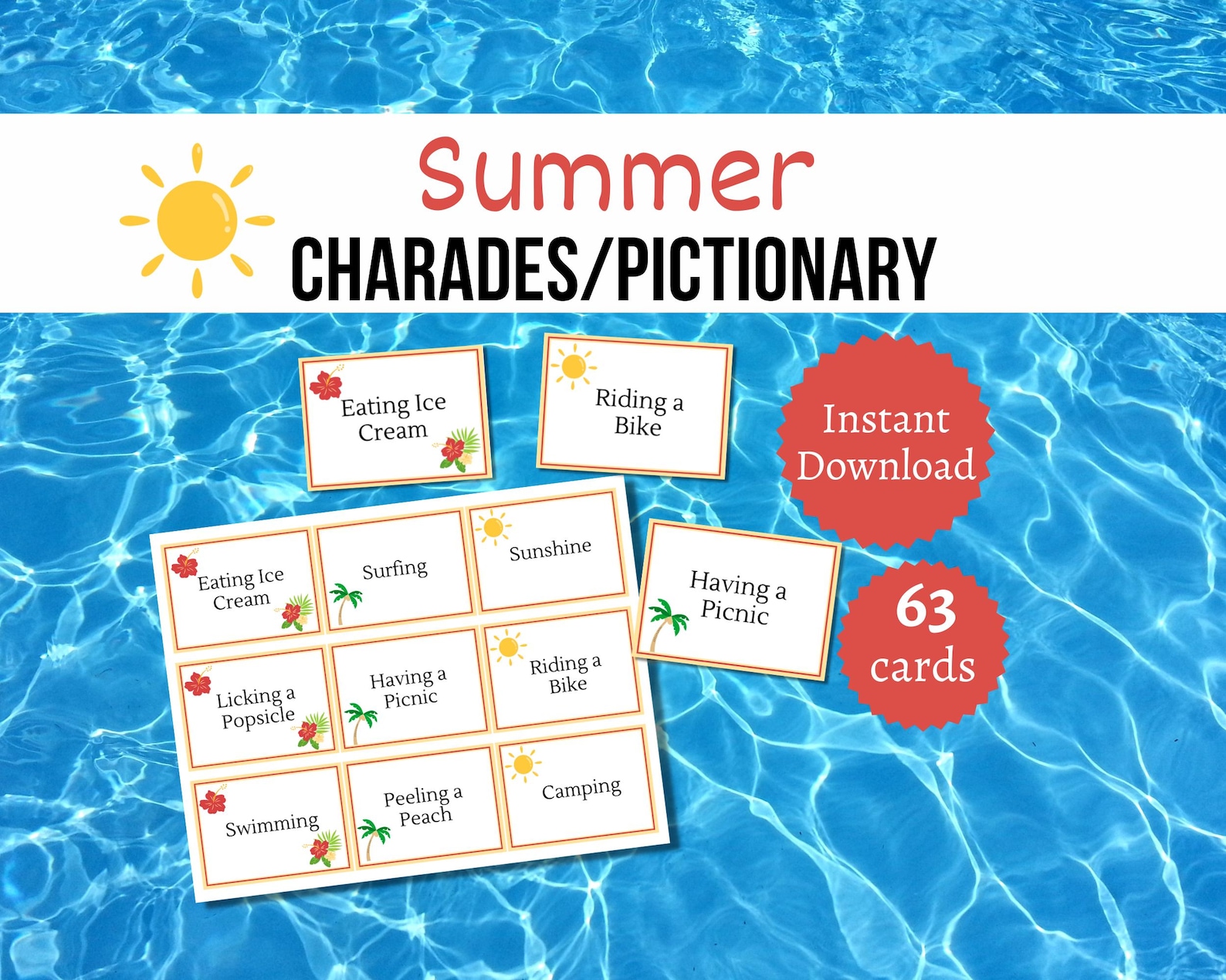Summer Charades Cards, Printable Pool Party Game for Kids, Teens, and ...