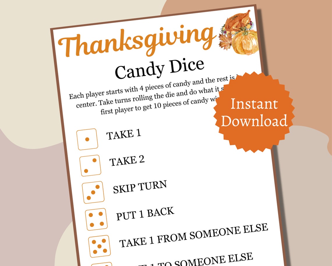 Thanksgiving Candy Dice Game Printable Thanksgiving Game - Etsy