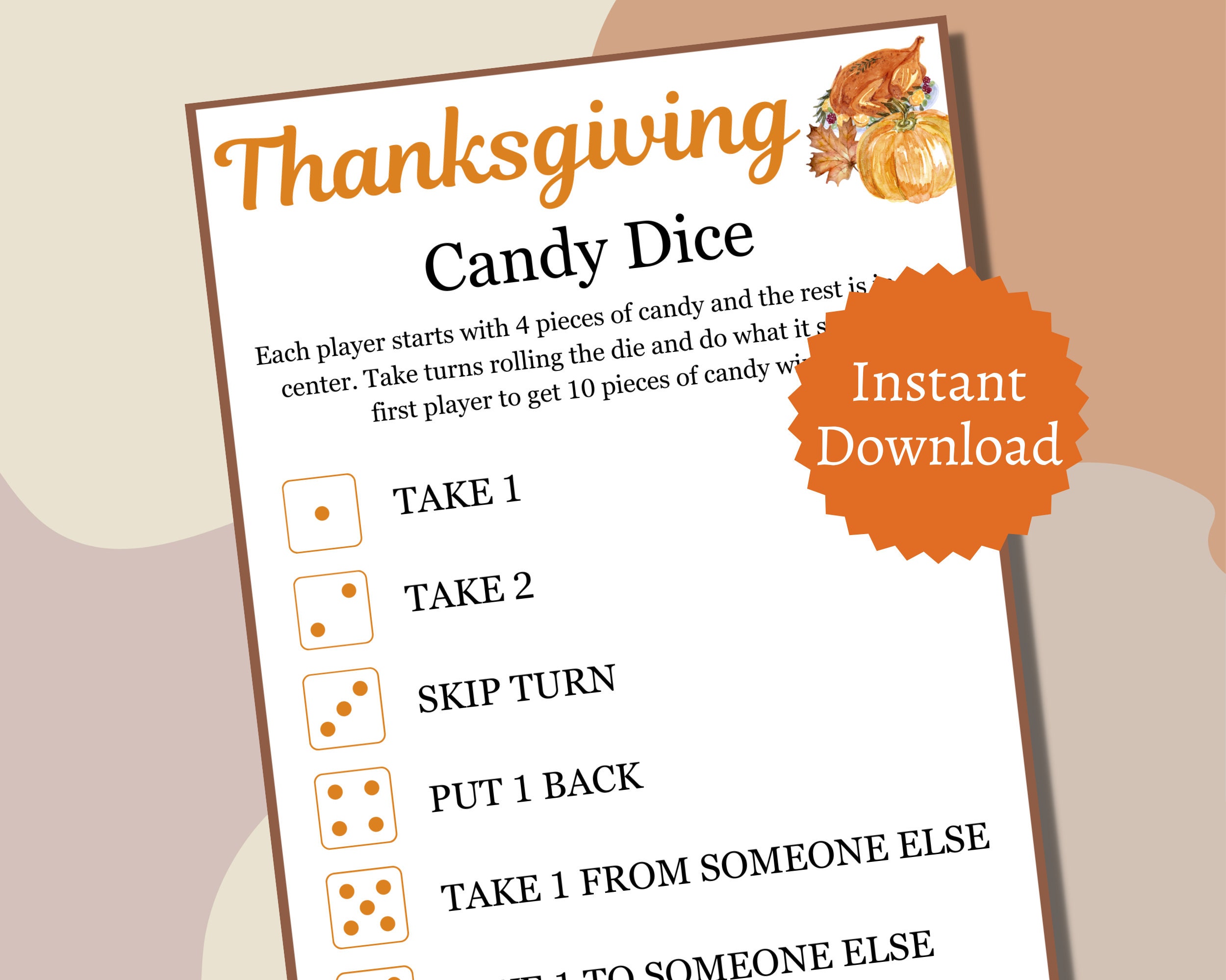 Thanksgiving Candy Dice Game, Printable Family Dinner Activity, Fall ...