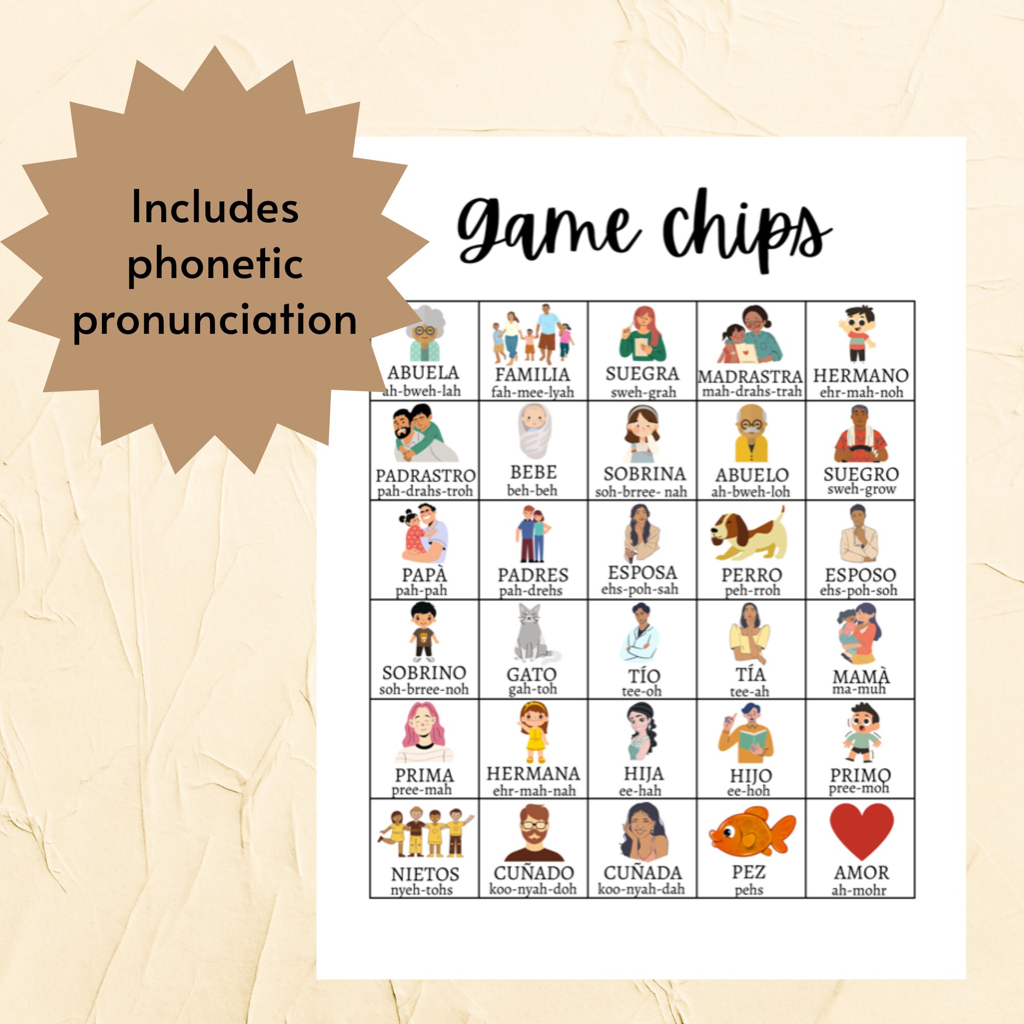 Bingo de la familia - Family Bingo Game in Spanish