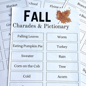 Fall Charades Game, Printable Autumn Pictionary Cards, Fall Party Game ...