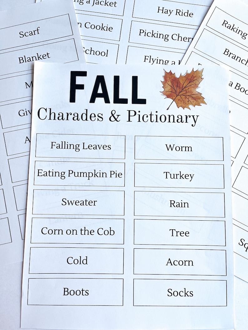 Fall Charades Game, Printable Autumn Pictionary Cards, Fall Party Game ...