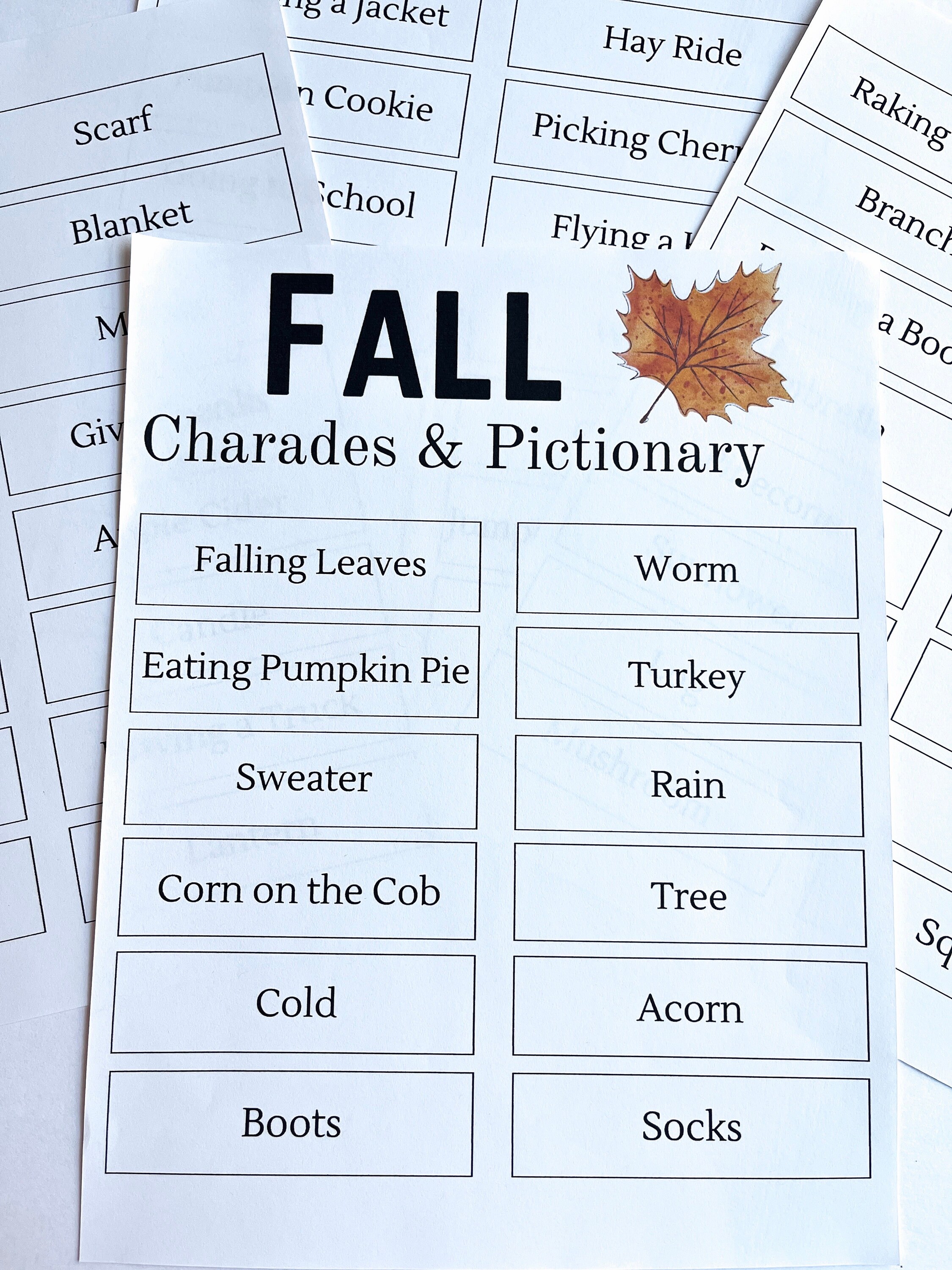 Fall Charades Game, Printable Autumn Pictionary Cards, Fall Party Game ...