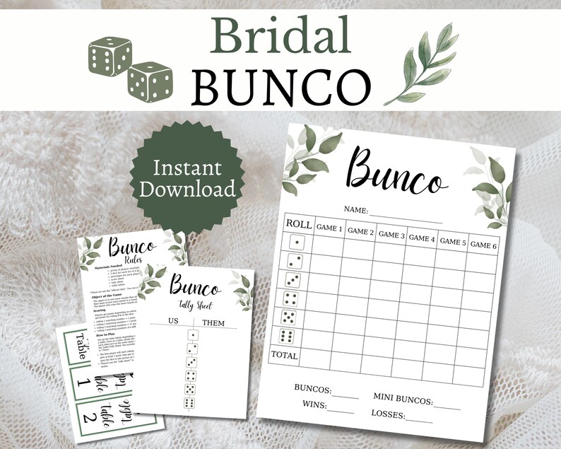 Bridal Shower Bunco Cards, Printable Greenery Boho Party Game for ...