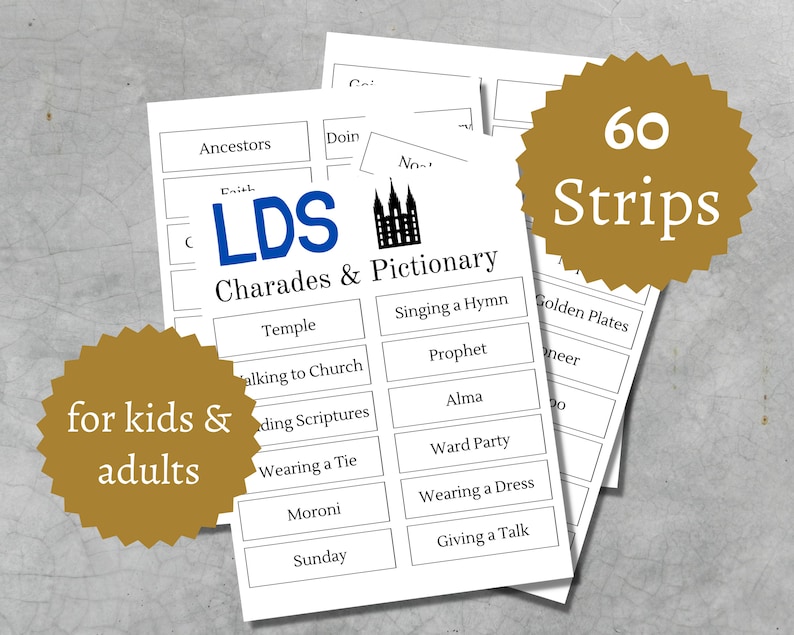 LDS Charades, Printable LDS Pictionary Cards, Latter Day Saint Party ...