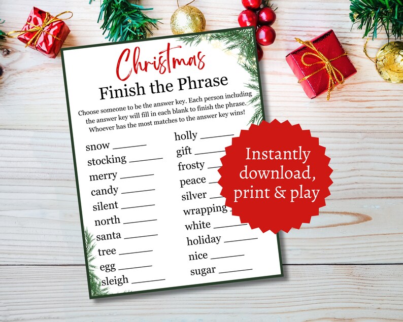 Christmas Finish the Phrase Game, Printable Holiday Party Game for Kids ...