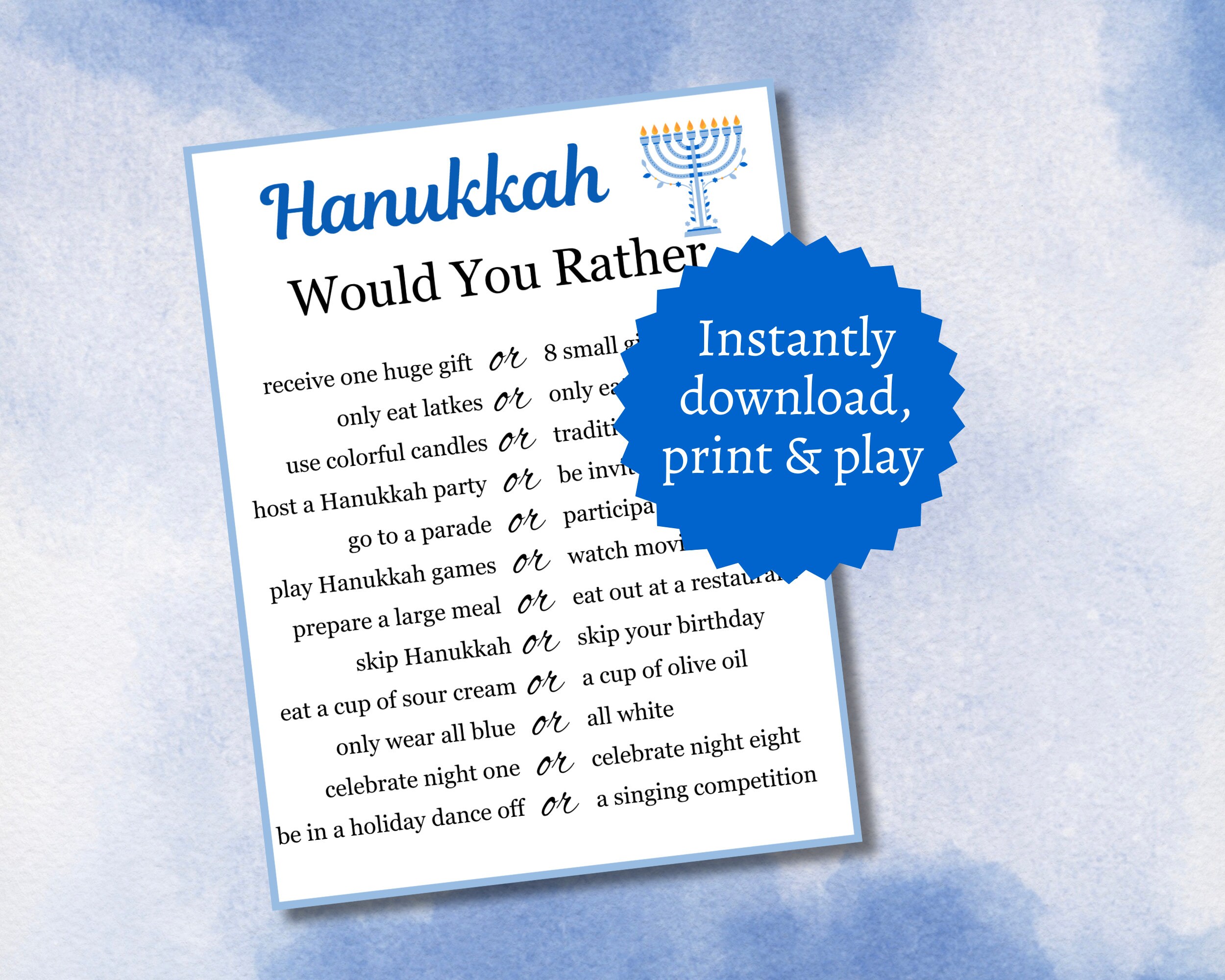 Hanukkah Would You Rather Game, Printable Hanukkah Party Game for Kids ...