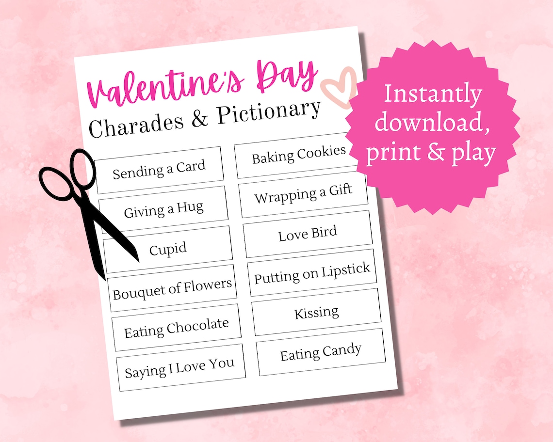 Valentine's Day Charades and Pictionary Cards, Printable Valentine's ...