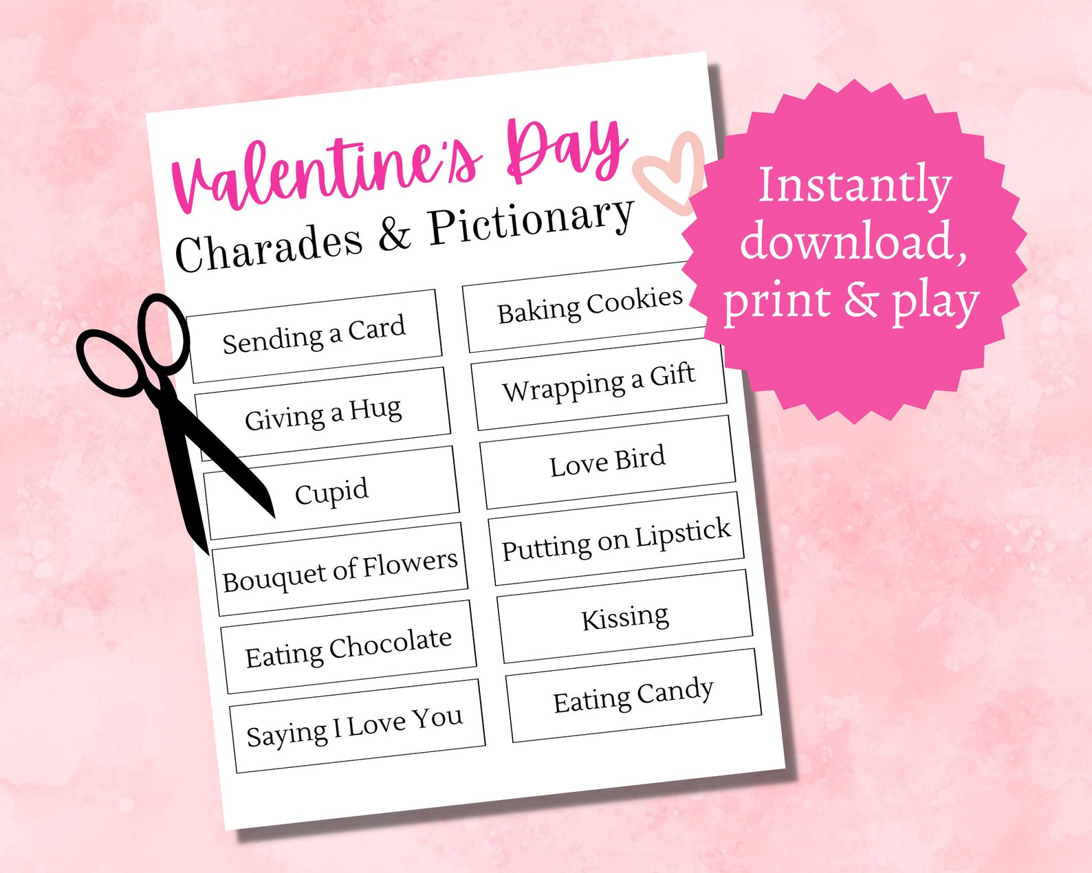 Valentine's Day Charades and Pictionary Cards, Printable Valentine's ...