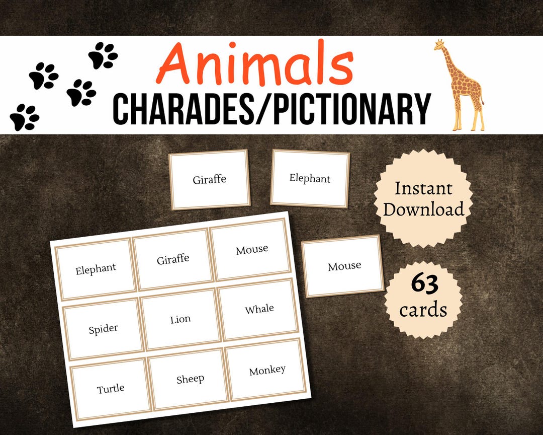 Animal Charades Cards, Printable Animal-themed Pictionary, Animal Party ...