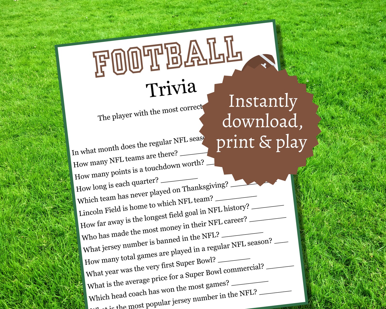 Football Trivia, Printable American Football Party Game for Kids, Teens ...