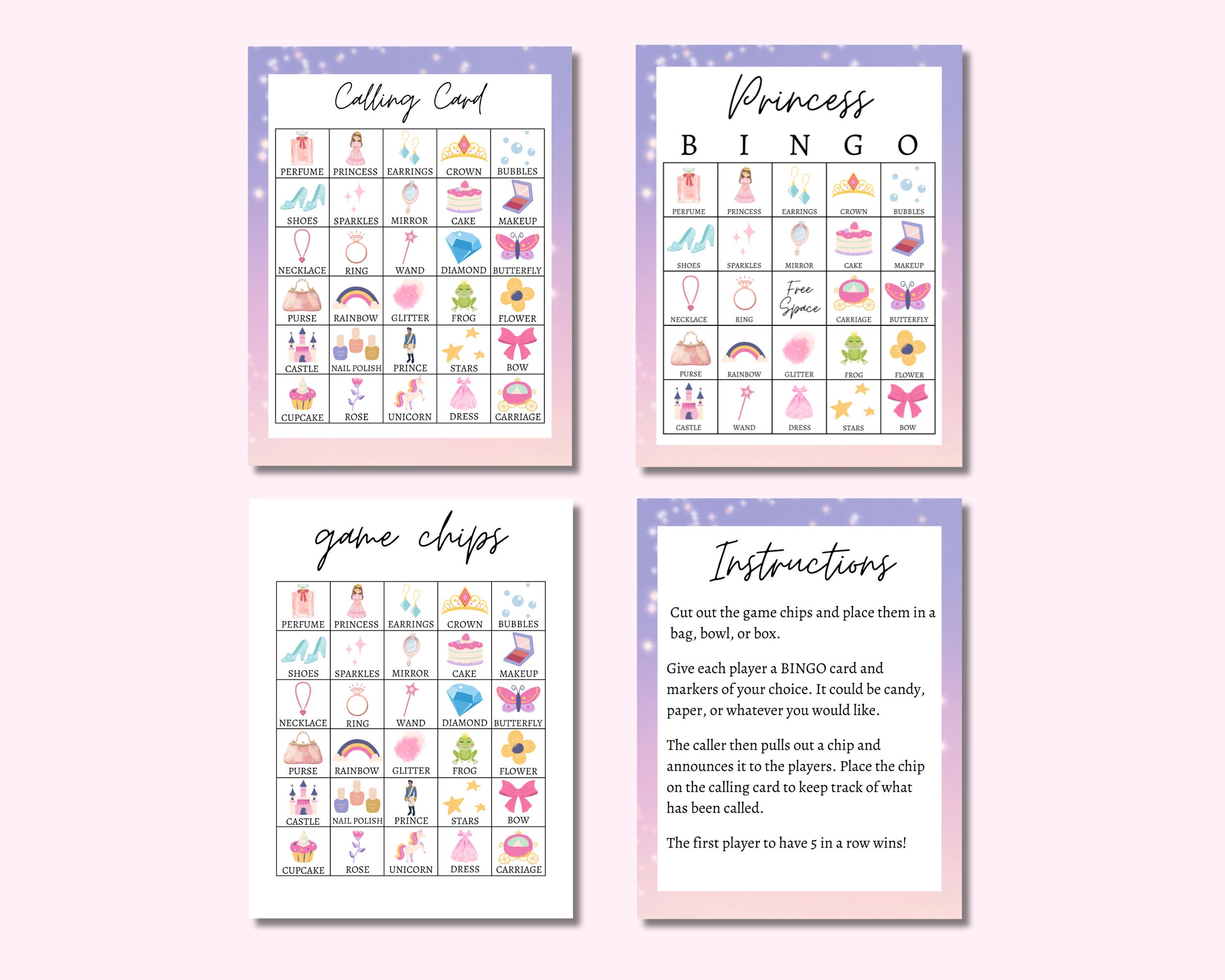Princess Bingo Cards, Princess Birthday Party Game for Kids, Printable ...