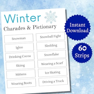 Winter Charades Game, Printable Pictionary Cards, Wintertime Activity ...