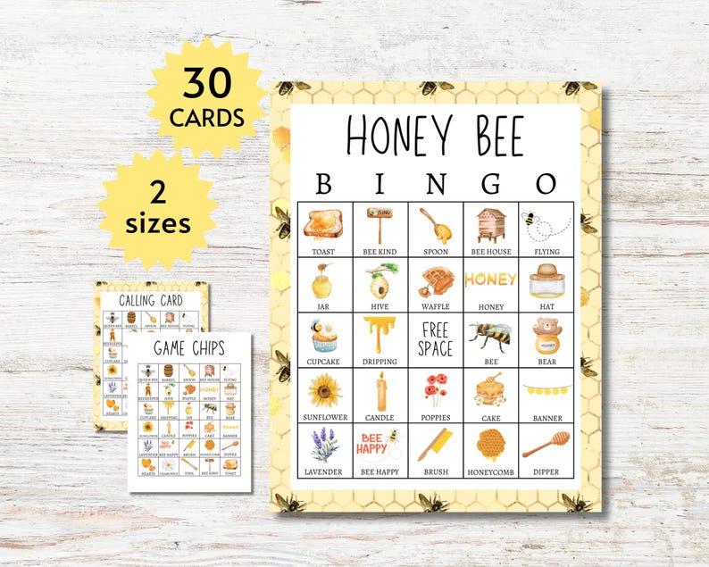 Honey Bee Bingo Cards, Printable Bee Themed Party Game, Honeybee ...