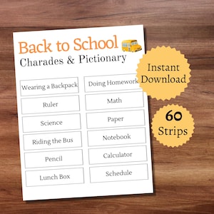 Back to School Charades, Printable Classroom Pictionary Cards, School ...