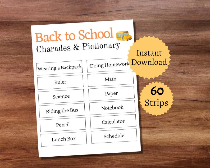 Back to School Charades, Printable Classroom Pictionary Cards, School ...