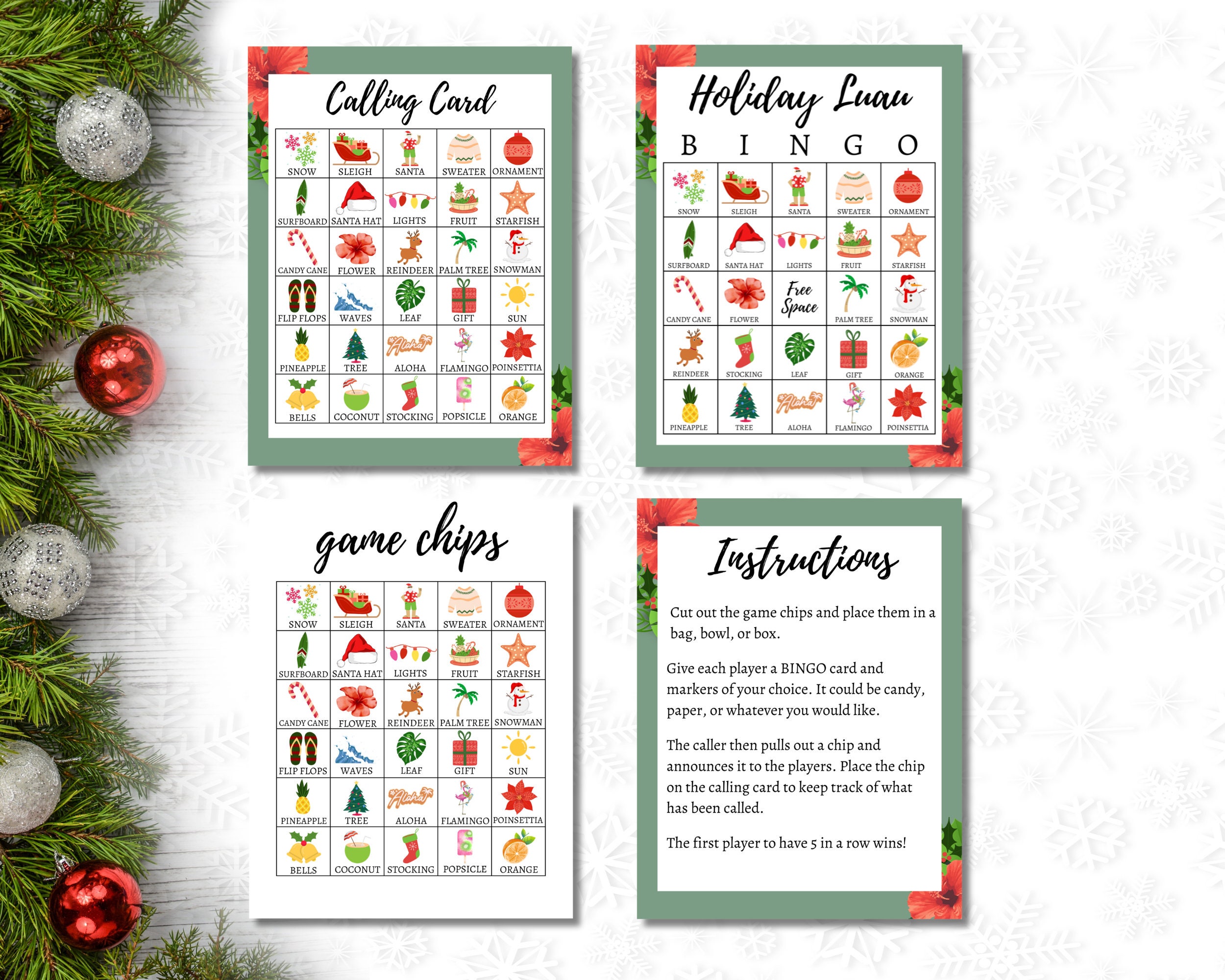 Holiday Luau Bingo Cards, Printable Tropical Christmas Party Game ...