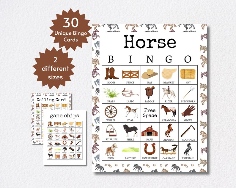 Horse Bingo Cards, Printable Wild West Party Game, Full and Half Pages ...