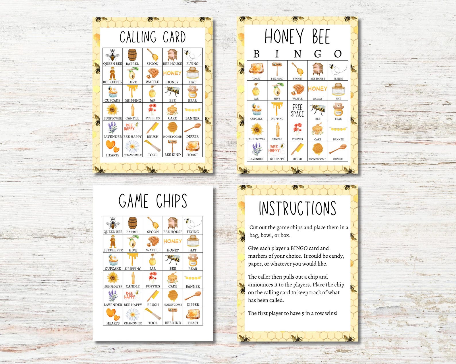 Honey Bee Bingo Cards, Printable Bee Themed Party Game, Honeybee ...