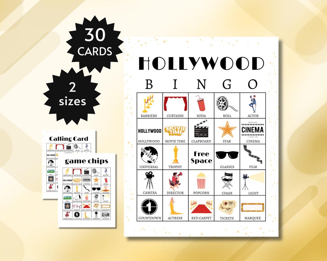 Hollywood Bingo Cards, Printable Movie Night Party Game, Includes Full ...