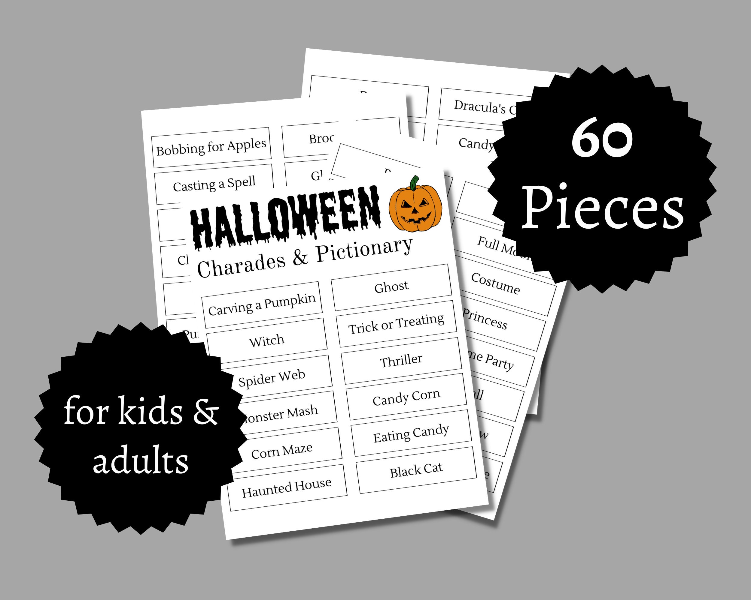 Halloween Charades, Printable Pictionary Cards, Halloween Party Game ...