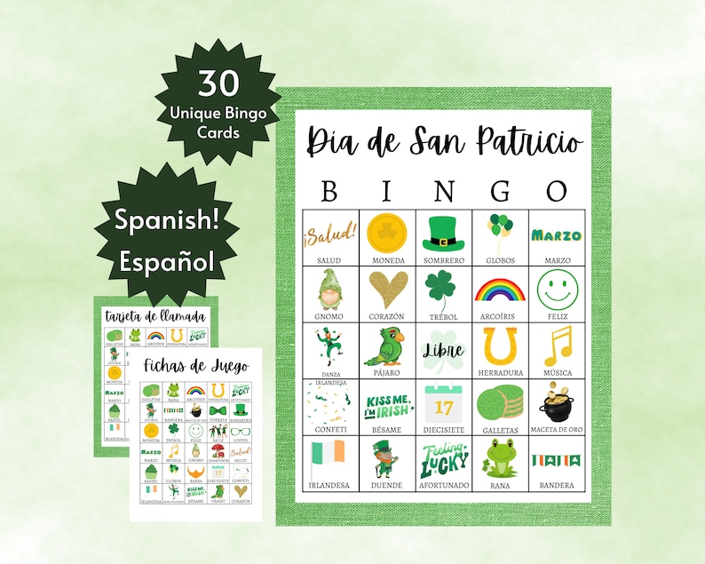 St. Patrick's Day Bingo in Spanish, Printable Bingo Cards for Kids ...