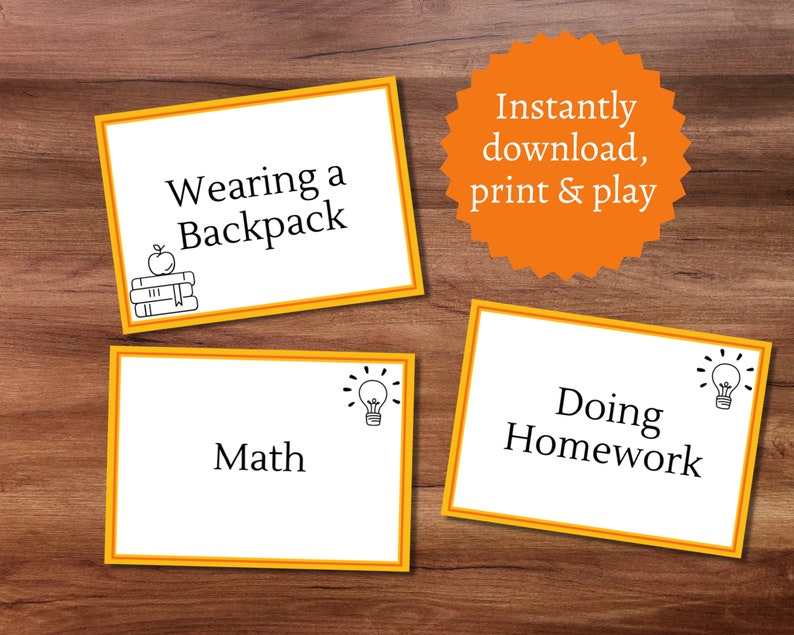 Back to School Pictionary Cards, Printable Classroom Charades, School ...