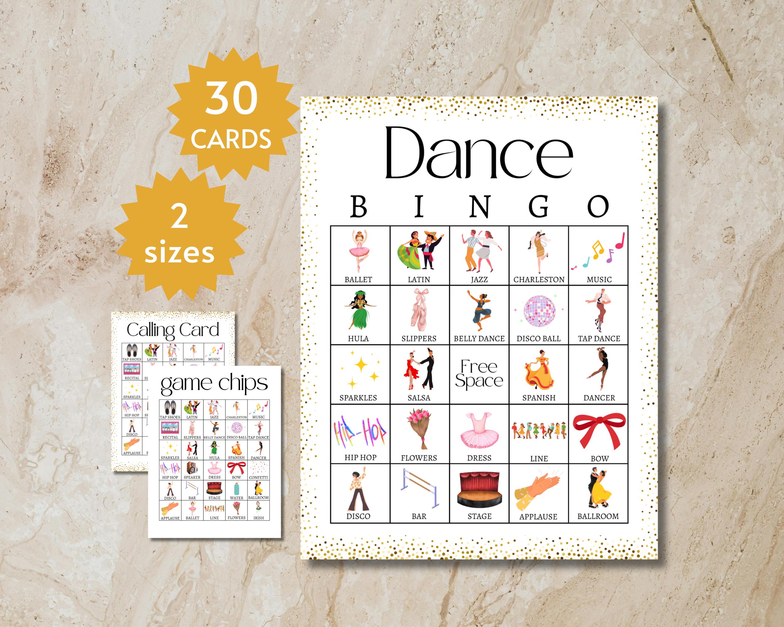 Dance Bingo Cards, Printable Dancer Party Game for Kids, Teens, and ...